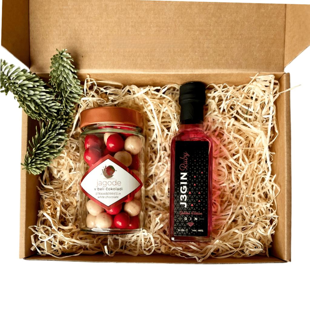 Darilni paket GIN & JAGODE V ČOKOLADI - Zlata Ptička